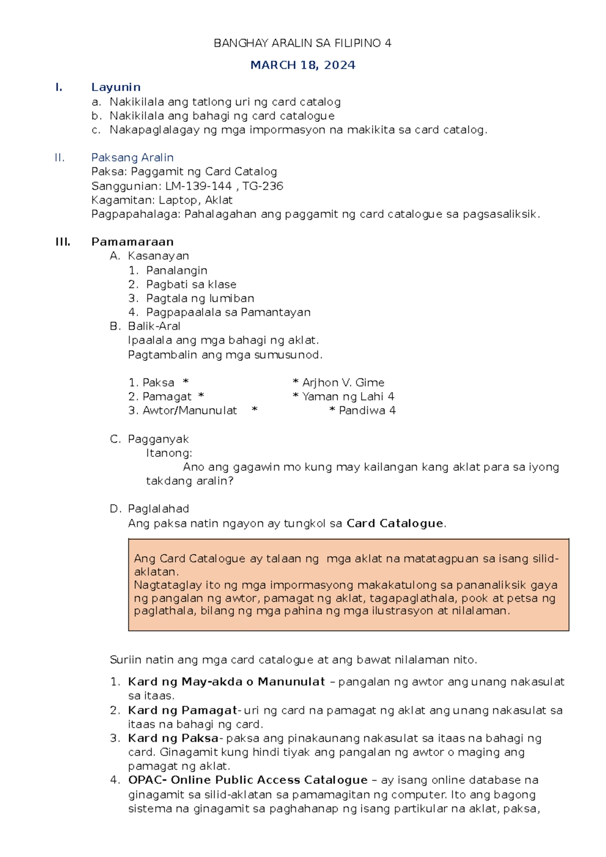 Filipino Week 4 Lesson Plan: Hakbang ng Gawain Guide - Studocu