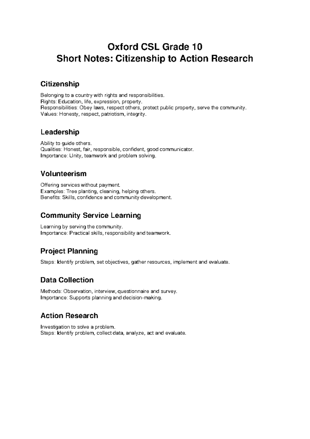 Oxford CSL Grade 10 Short Notes: Citizenship & Community Service - Studocu
