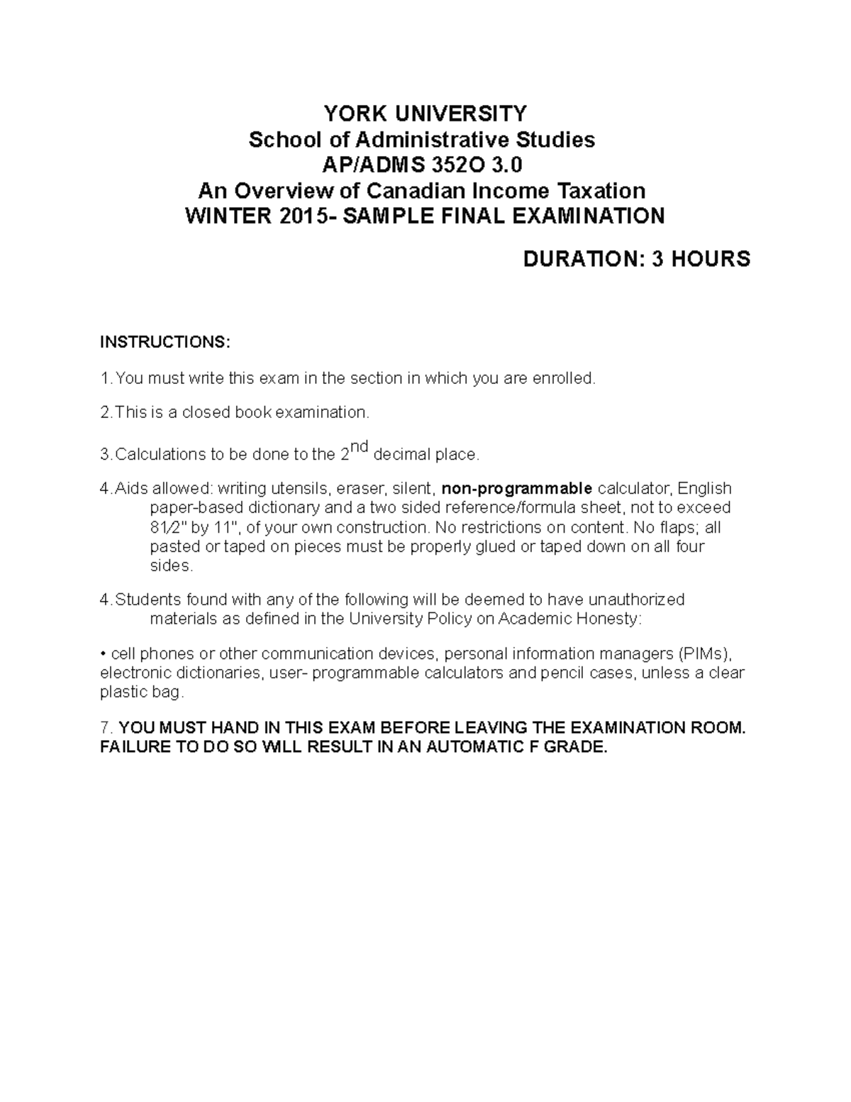 AP/ADMS 352O 3 - Winter 2015 Final Exam Sample Questions and Study Tips ...