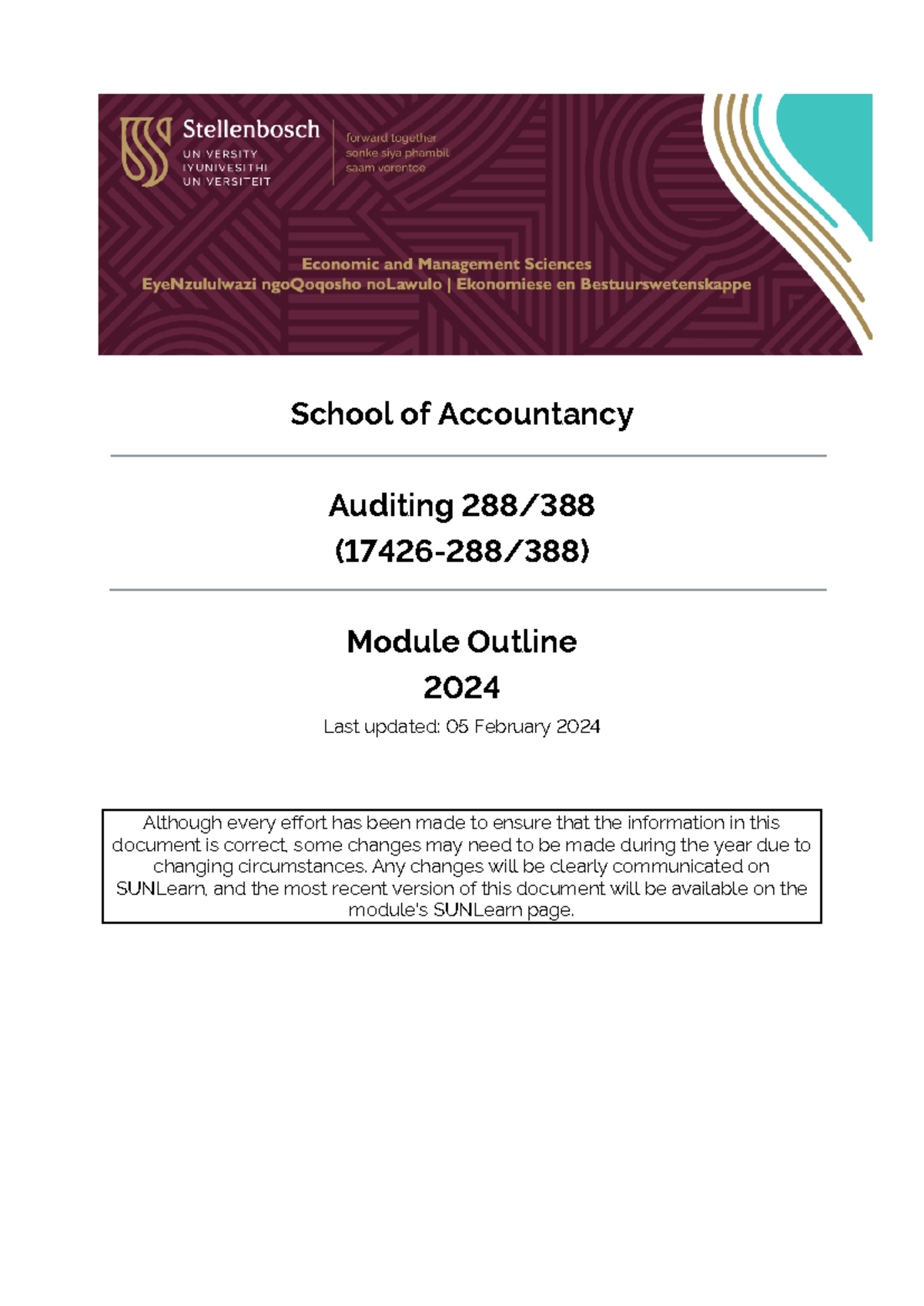 Auditing 288 388 Module Framework Outline 2024 - Studocu