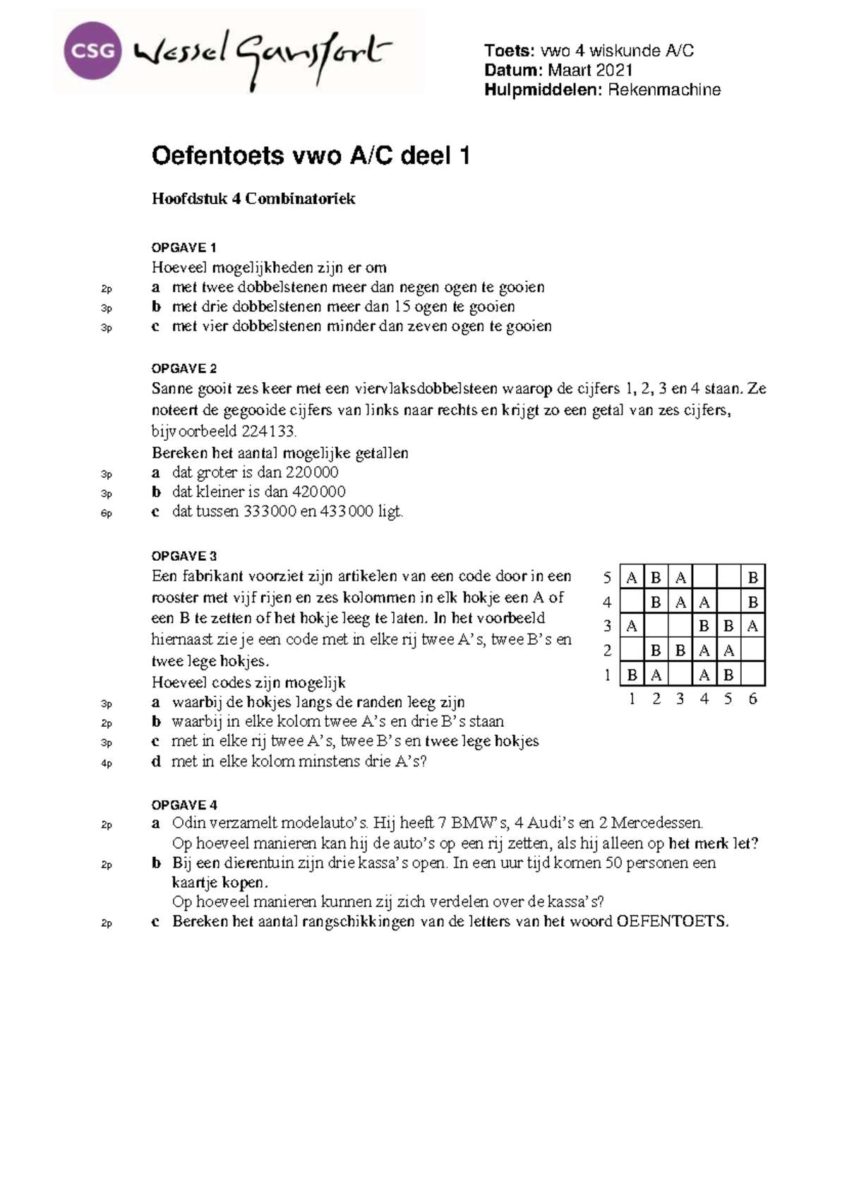 Oefentoets VWO 4 Wiskunde A/C - Hoofdstuk 4 Combinatoriek - Studeersnel