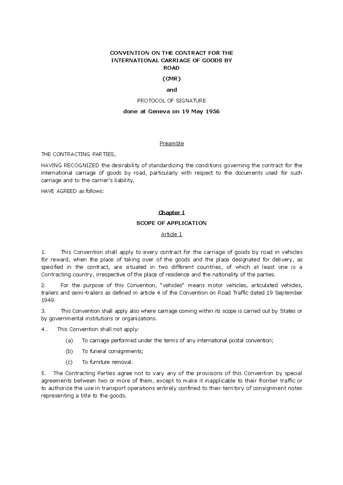 CMR Convention on International Carriage of Goods by Road - Studocu