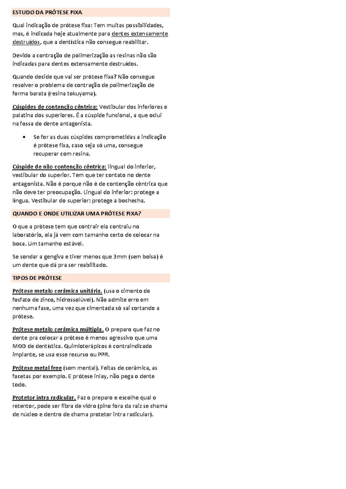 Resumo sobre Prótese Fixa: Indicações e Tipos de Reabilitação - Studocu