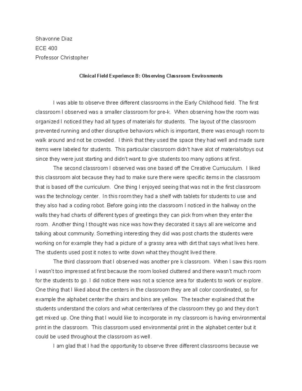 ECE 400 Clinical Field Experience B: Classroom Observations Review ...