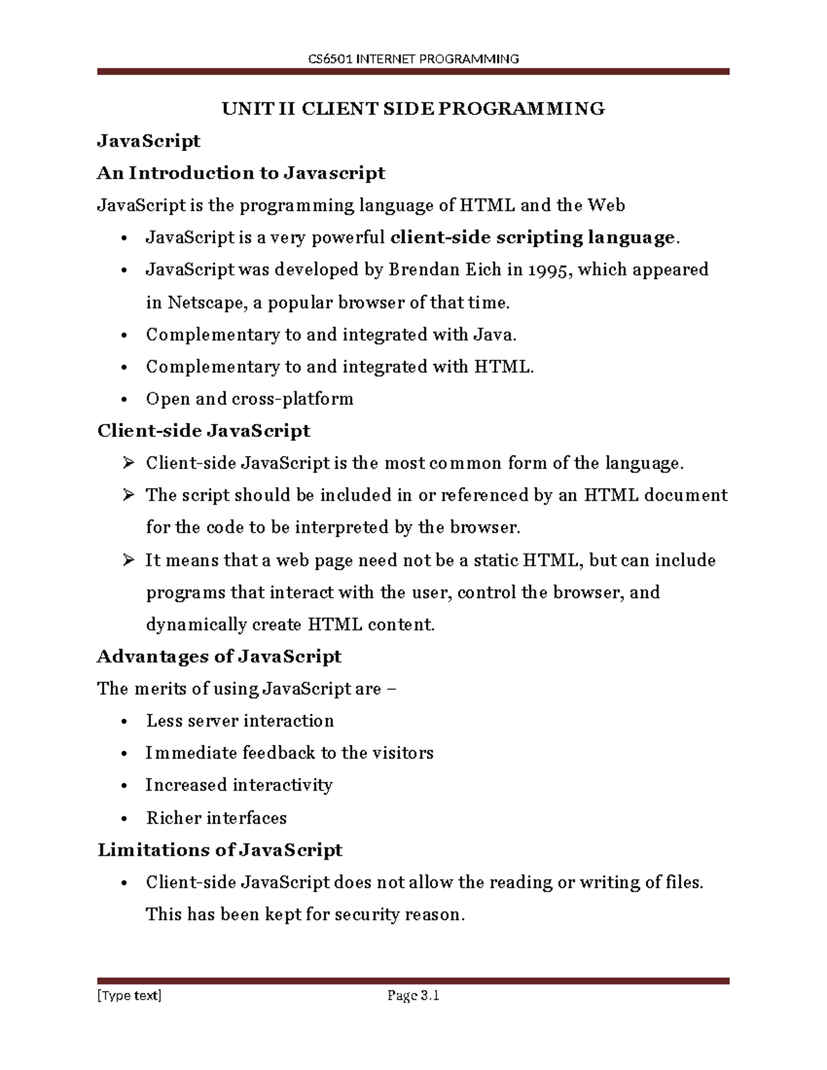 CS6501 INTERNET PROGRAMMING UNIT II: Introduction to JavaScript - Studocu