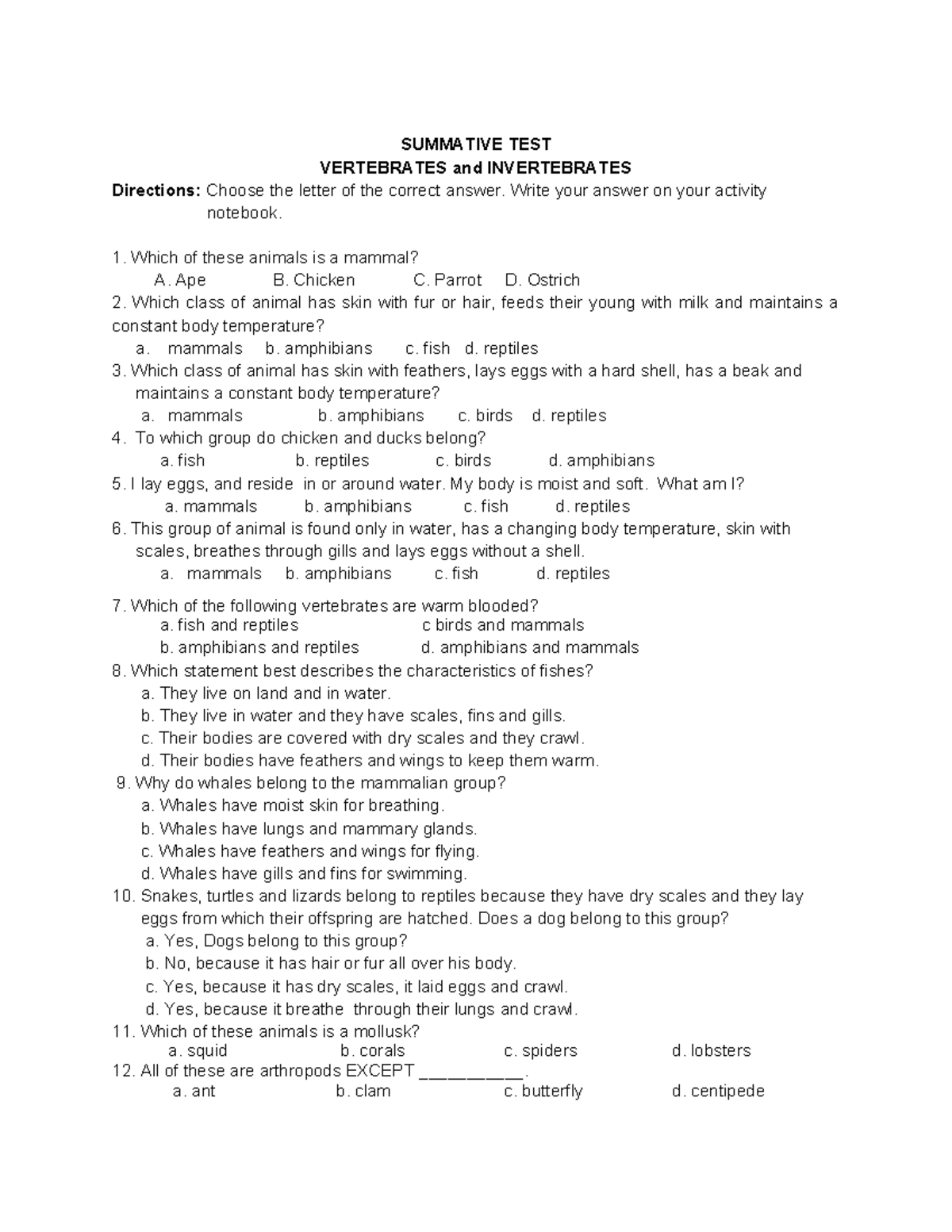 Science ST: Summative Test on Vertebrates and Invertebrates - Studocu