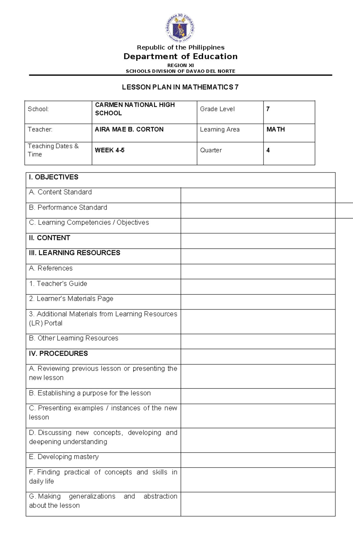 Lesson Plan in Mathematics 7 - Republic of the Philippines Department ...