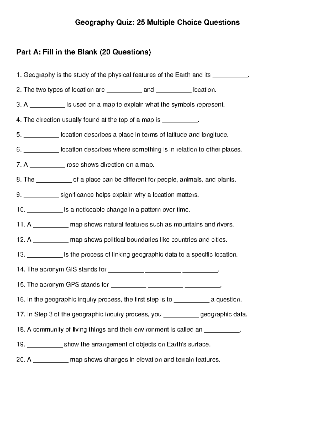 Geography Quiz (GEOG101): Fill in the Blanks & Short Answers - Studocu