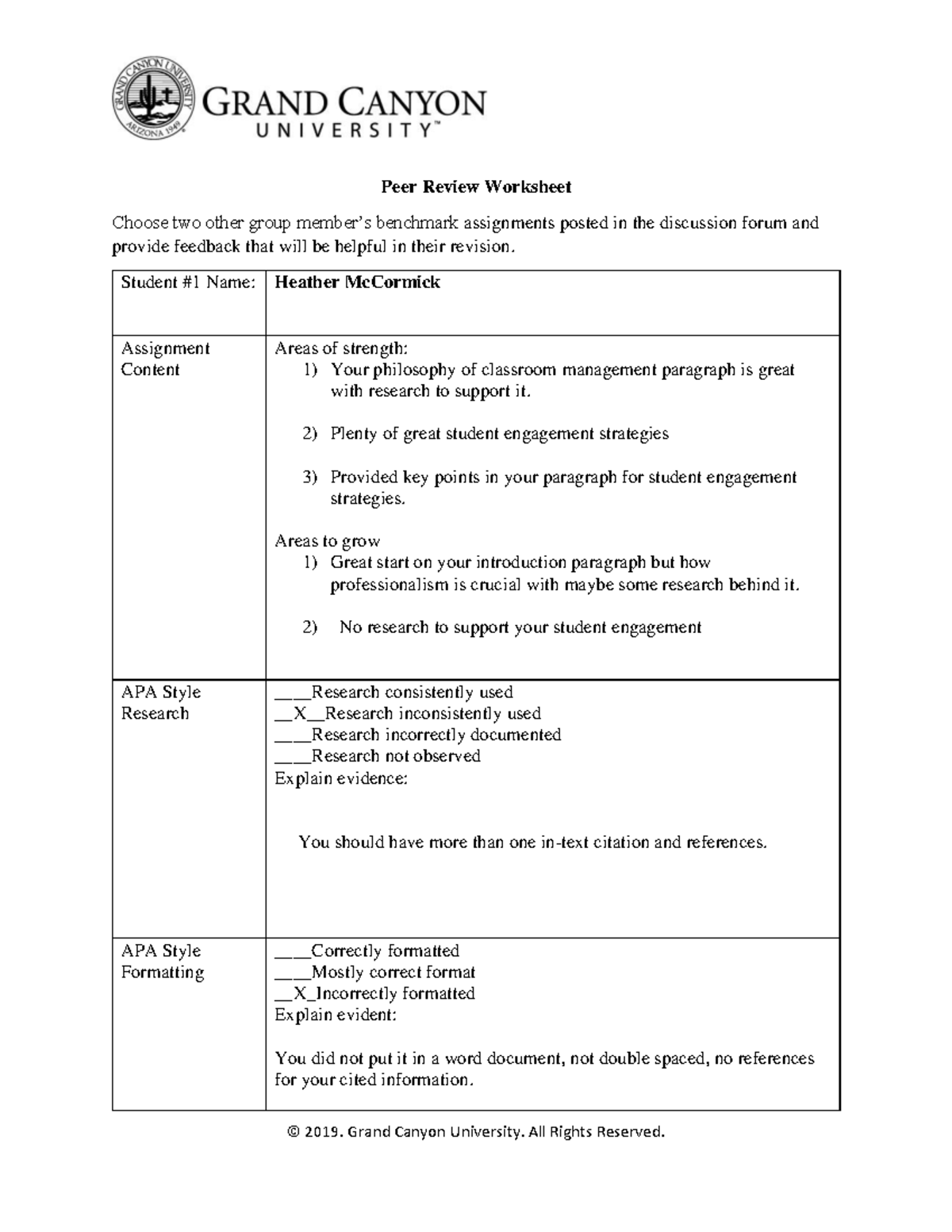 ELM-250 Peer Review Worksheet - © 2019. Grand Canyon University. All ...