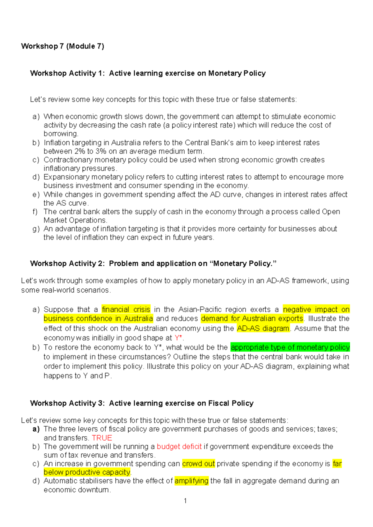 Workshop 7 (Module 7) Active Learning on Monetary & Fiscal Policy - Studocu