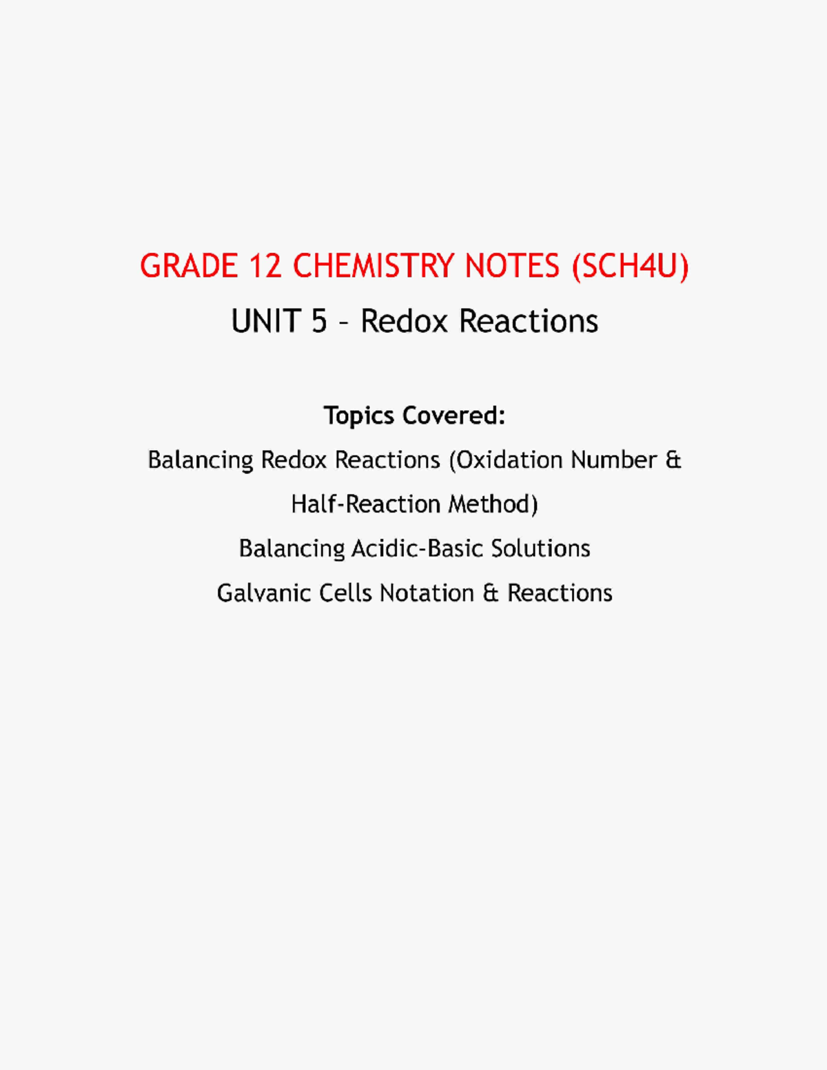 SCH4U - Gr. 12 Chemistry: Electrochemistry Class Notes & Practice - Studocu
