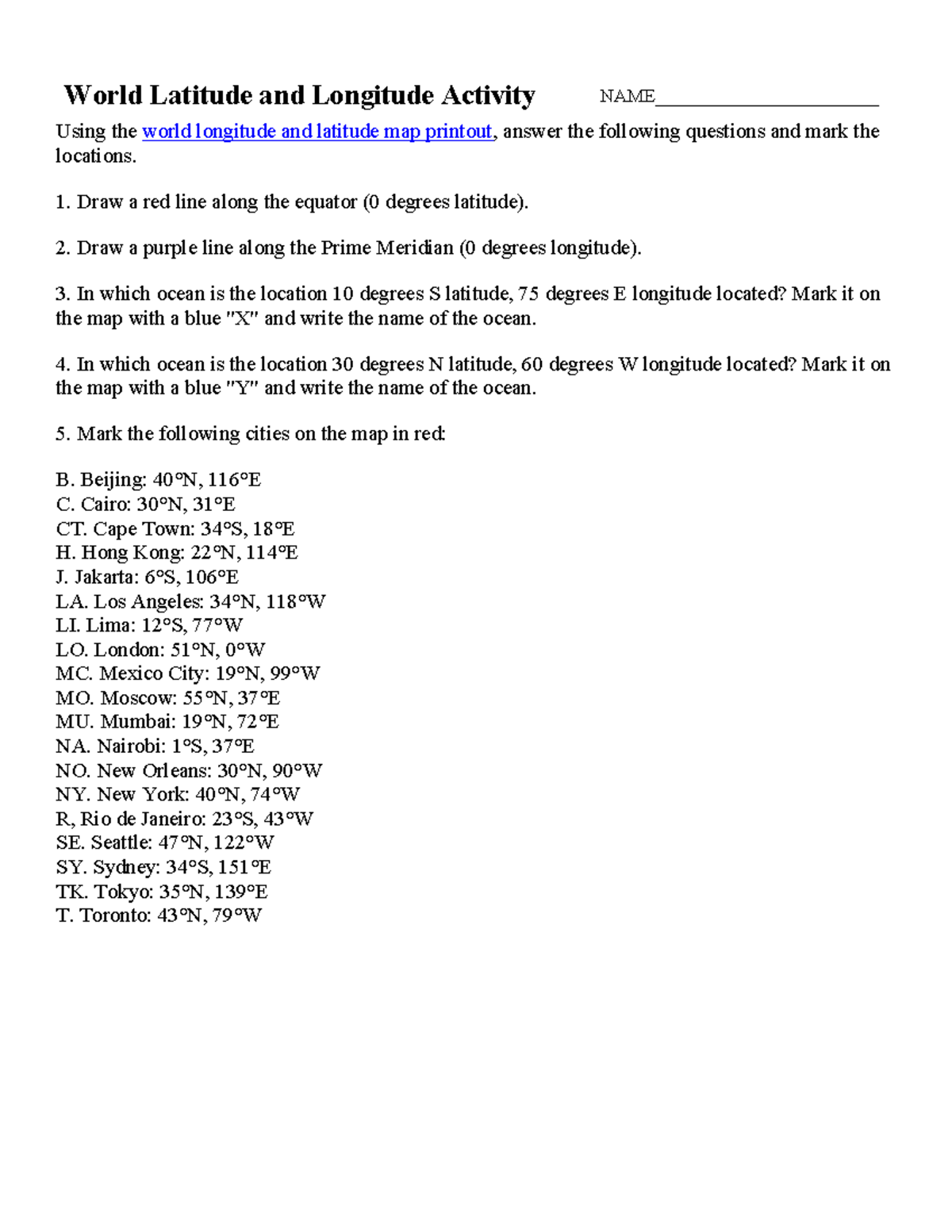 World Latitude & Longitude Activity for Geography Class - Studocu