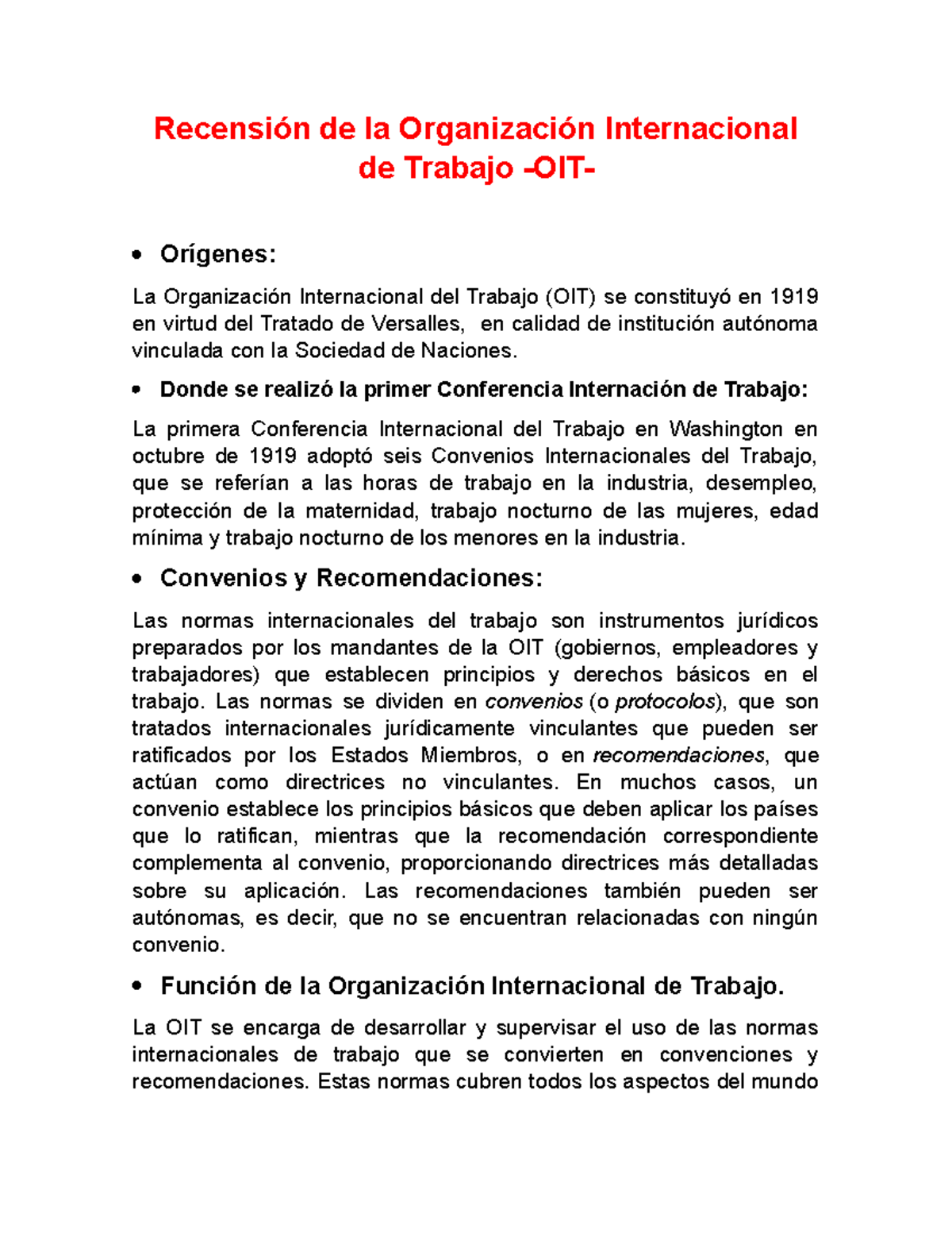 Recensión sobre la OIT y sus Convenios Internacionales - Studocu