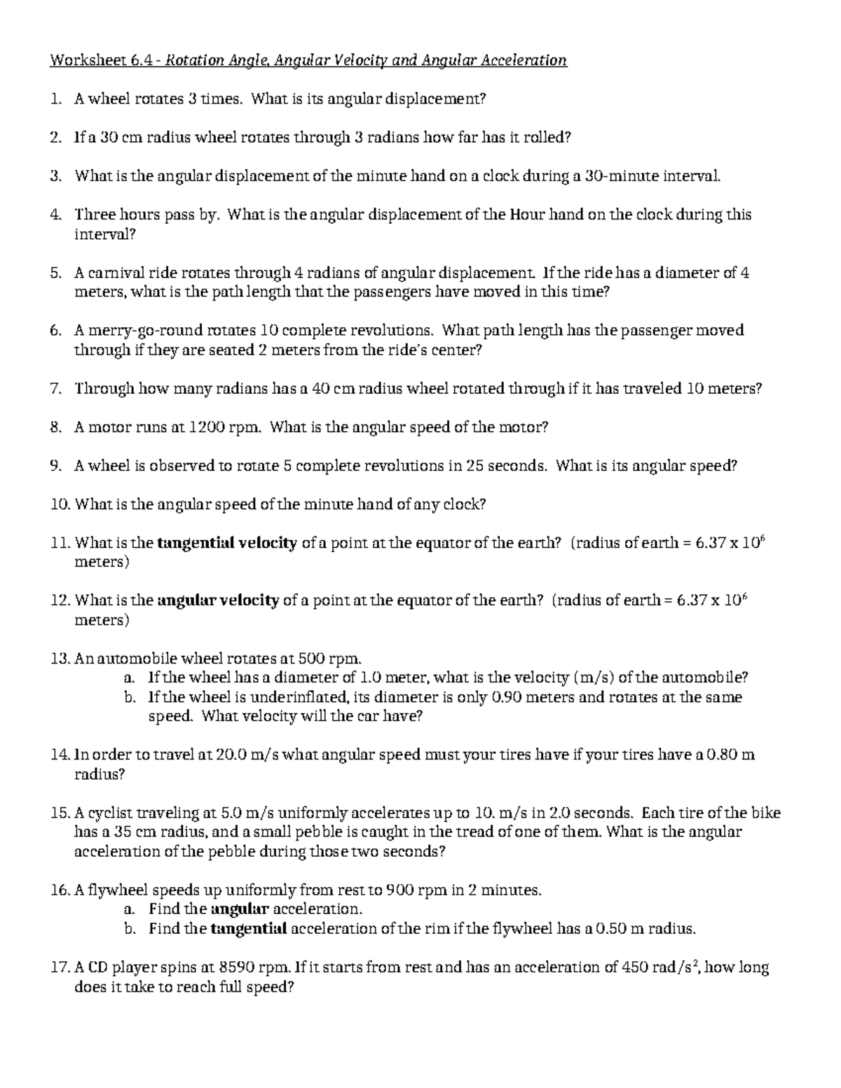 Unit 6 - Worksheet 6.4: Rotational Kinematics Problems - Studocu