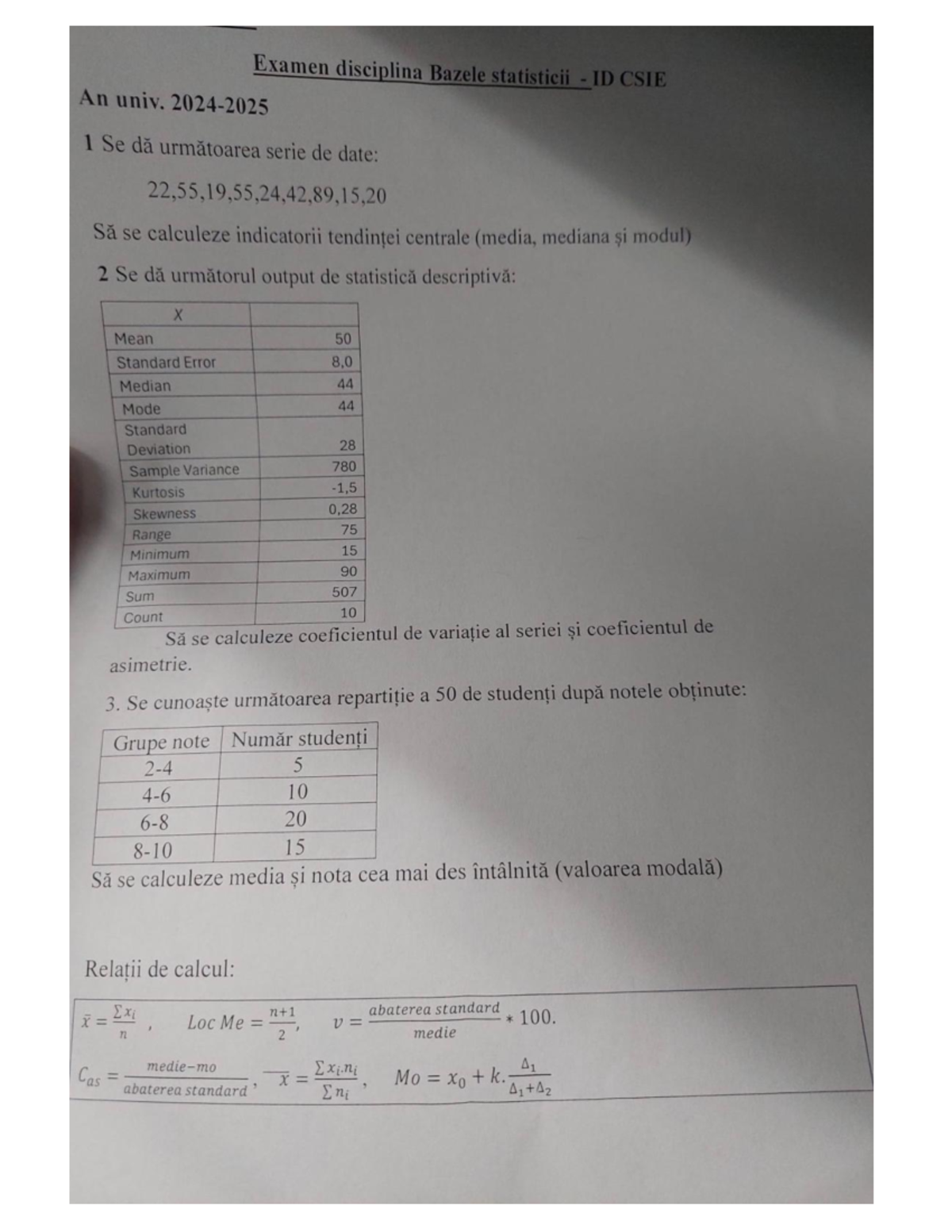 Examen Statistica ID CSIE 2024-2025: Indicatori și Calculi - Studocu