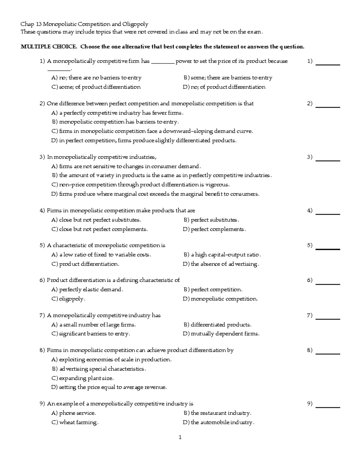 Monopolistic Competition and Oligopoly Quiz (ECON 101) - Studocu