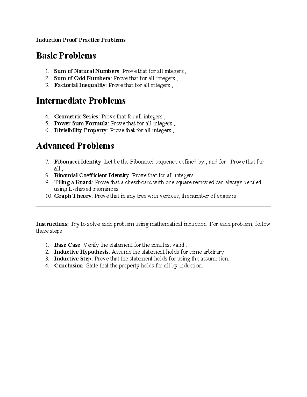 240 practice - Induction Proof Practice Problems Basic Problems Sum of ...