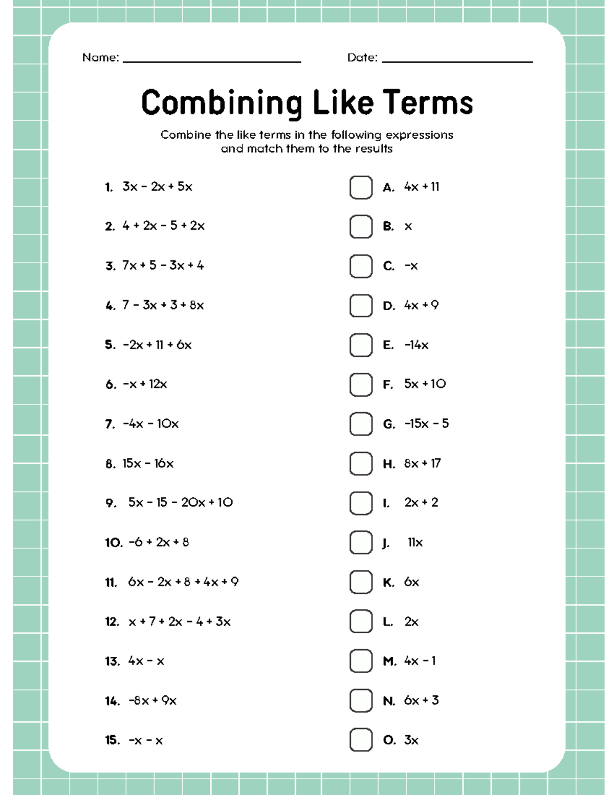 Combining Like Terms Worksheet: Practice Problems and Solutions - Studocu