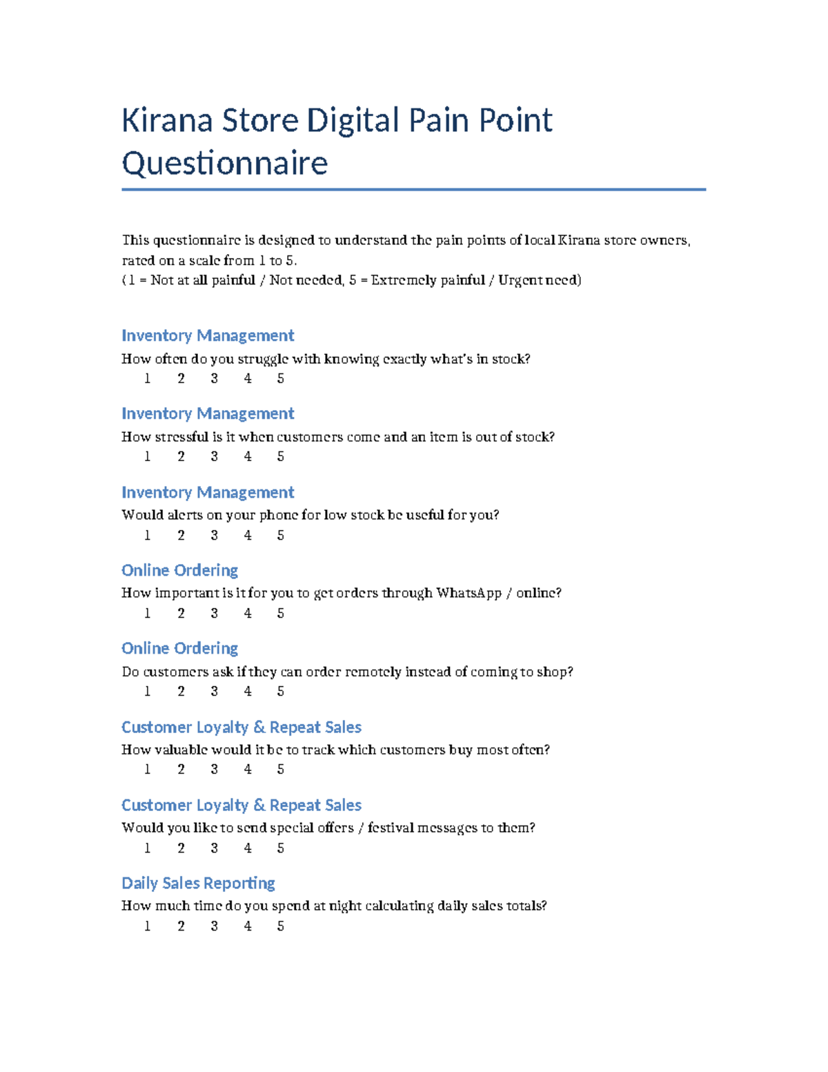 Kirana Store Pain Point Questionnaire - Insights & Analysis - Studocu