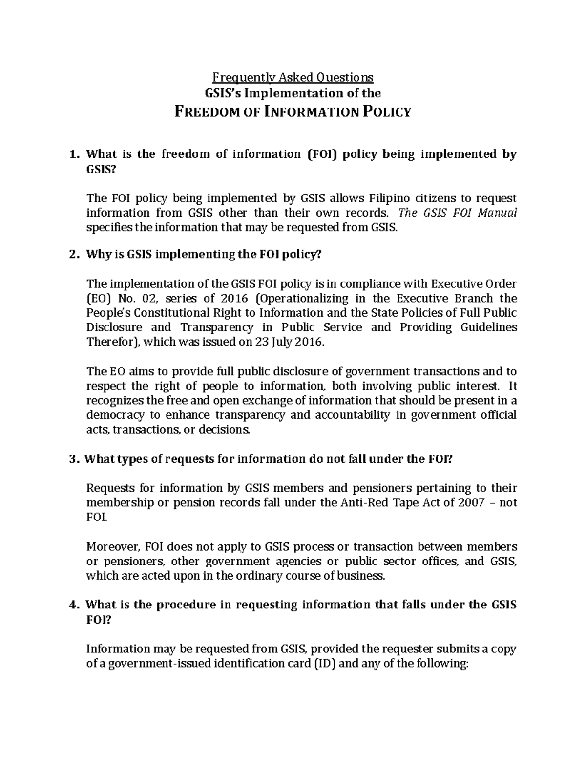 GSIS Freedom of Information (FOI) Policy - FAQs and Guidelines - Studocu