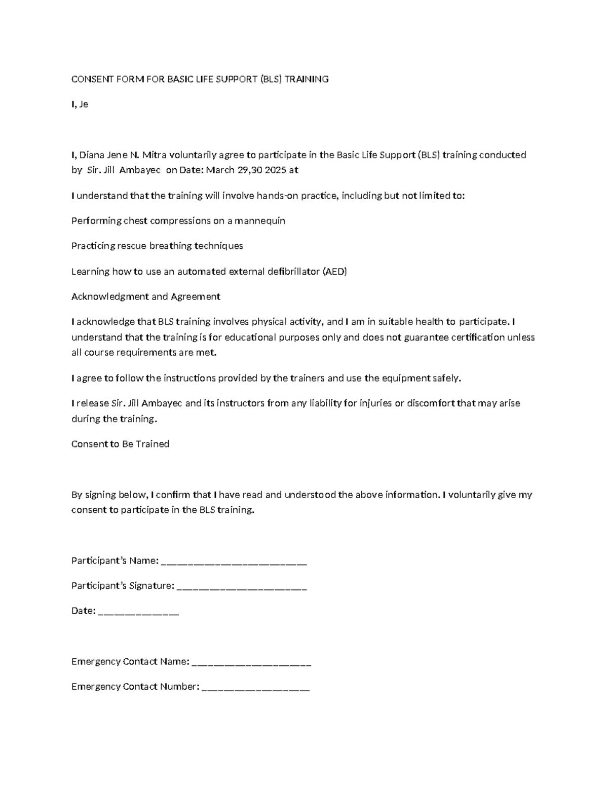 Consent Form for BLS Training - March 2025 - Studocu