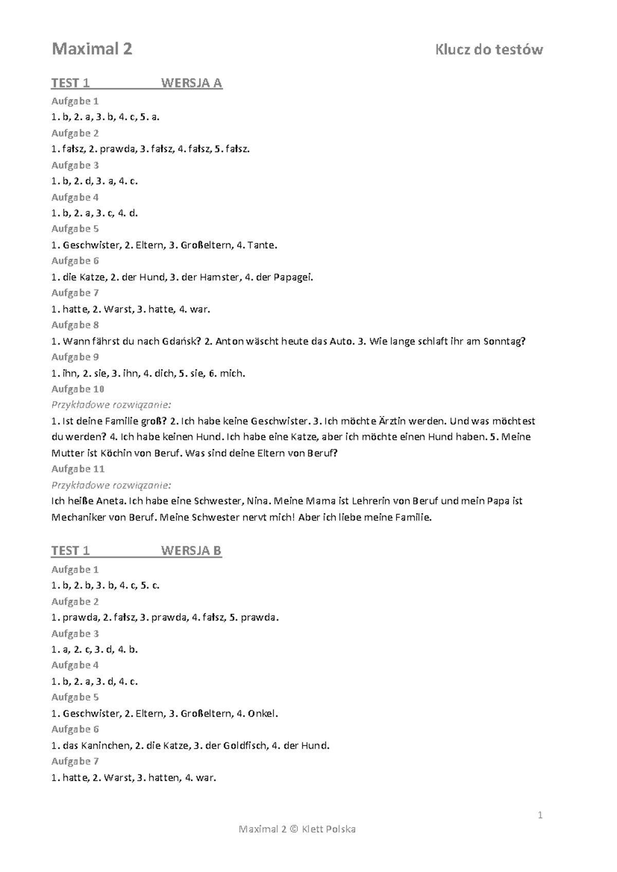 Maximal 2 Testy z Kluczem do odpowiedzi - Wersje A i B - Studocu