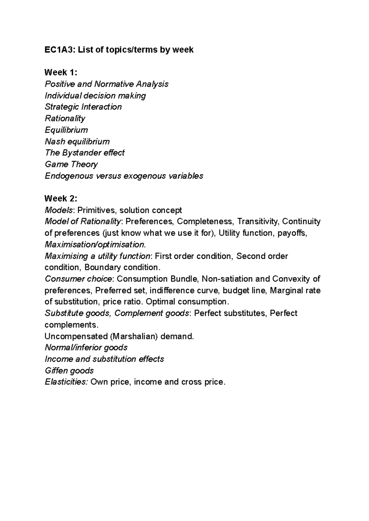 EC1A3: Weekly Topics on Game Theory and Economic Analysis - Studocu