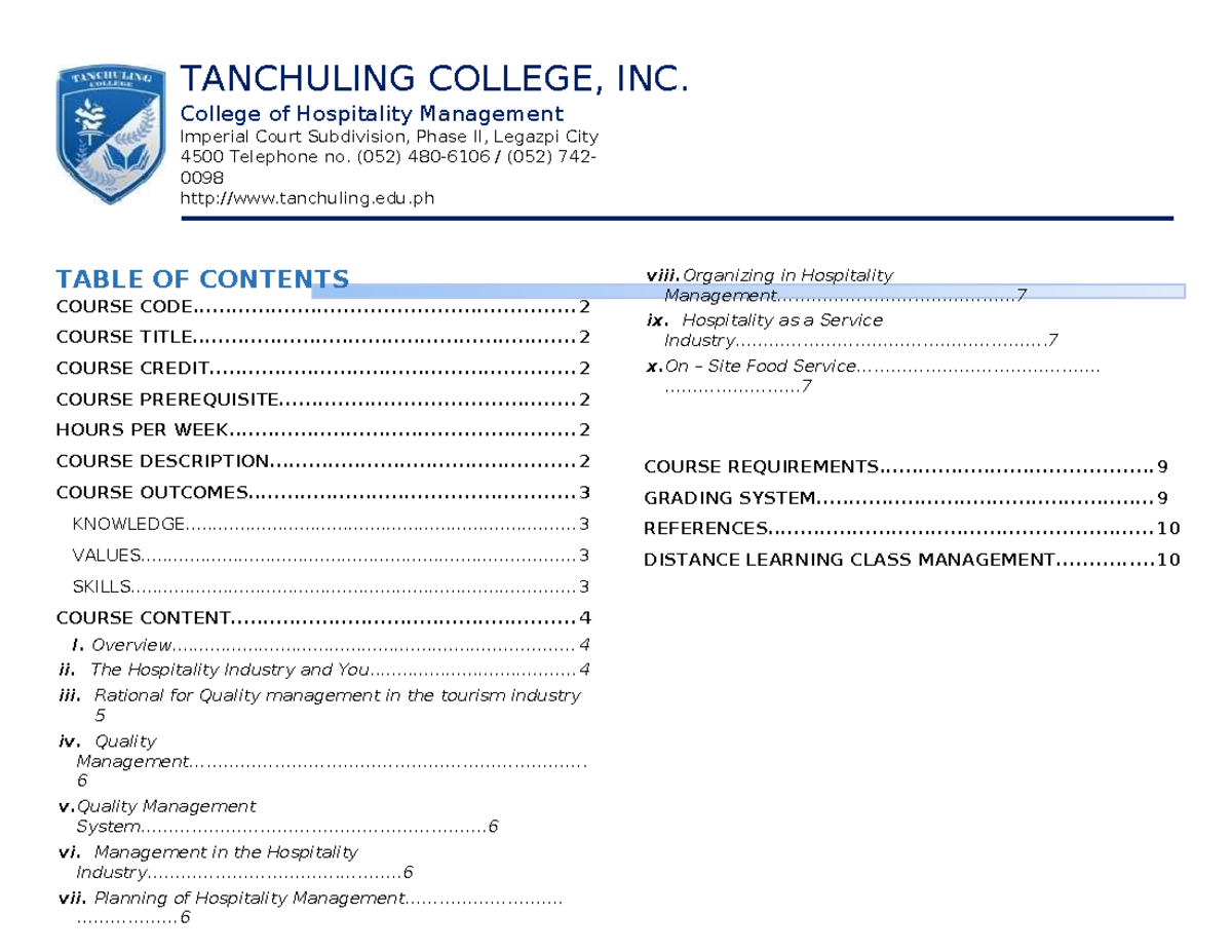 THC3 Quality Service Management in Tourism and Hospitality - TANCHULING ...