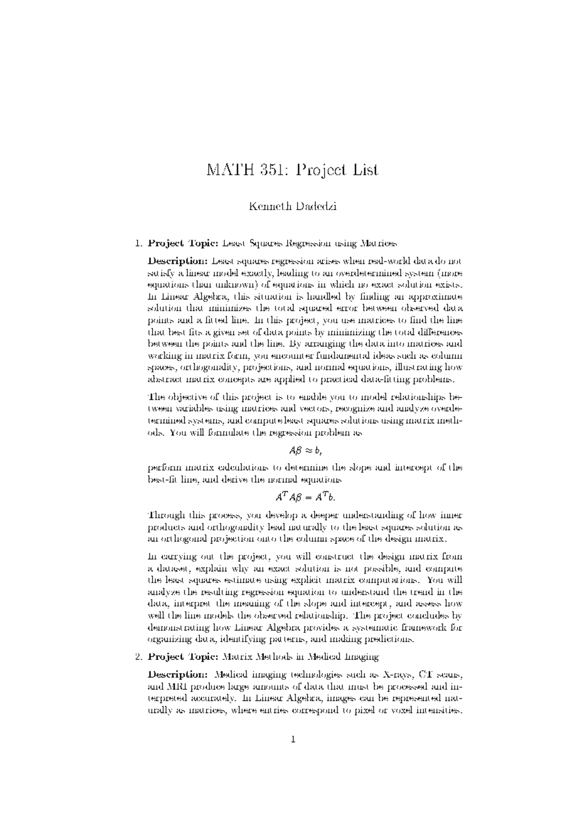 MATH 351: Comprehensive Project List on Linear Algebra Applications ...