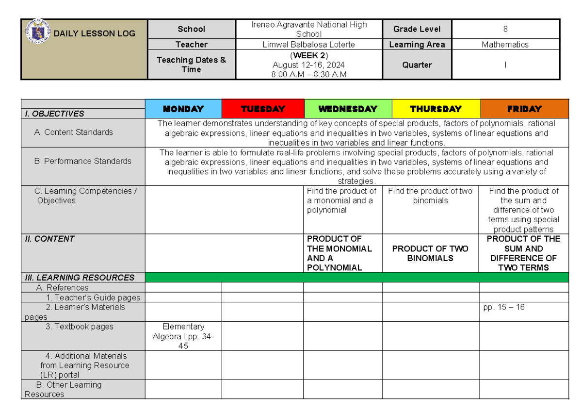 DLL WEEK 2 MATH 8 - DLL FOR MATH - DAILY LESSON LOG School Ireneo ...