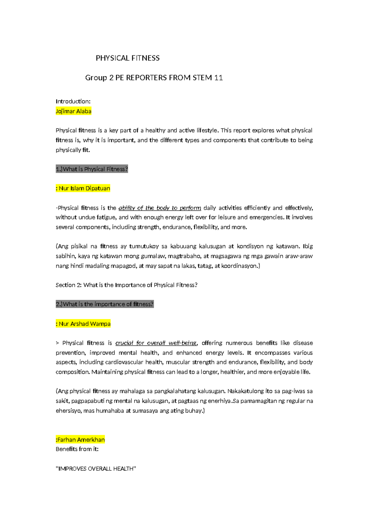 PHYSICAL FITNESS Overview Report - STEM 11 PE Group 2 - Studocu