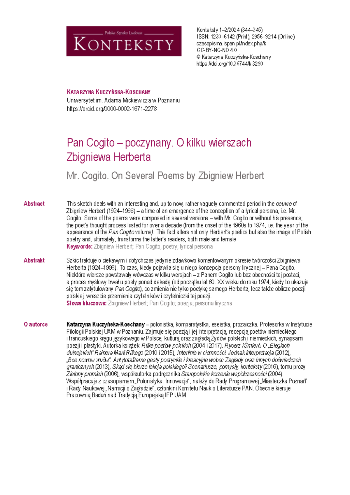 Pan Cogito: Analiza Lirycznej Persony Zbigniewa Herberta - Studocu