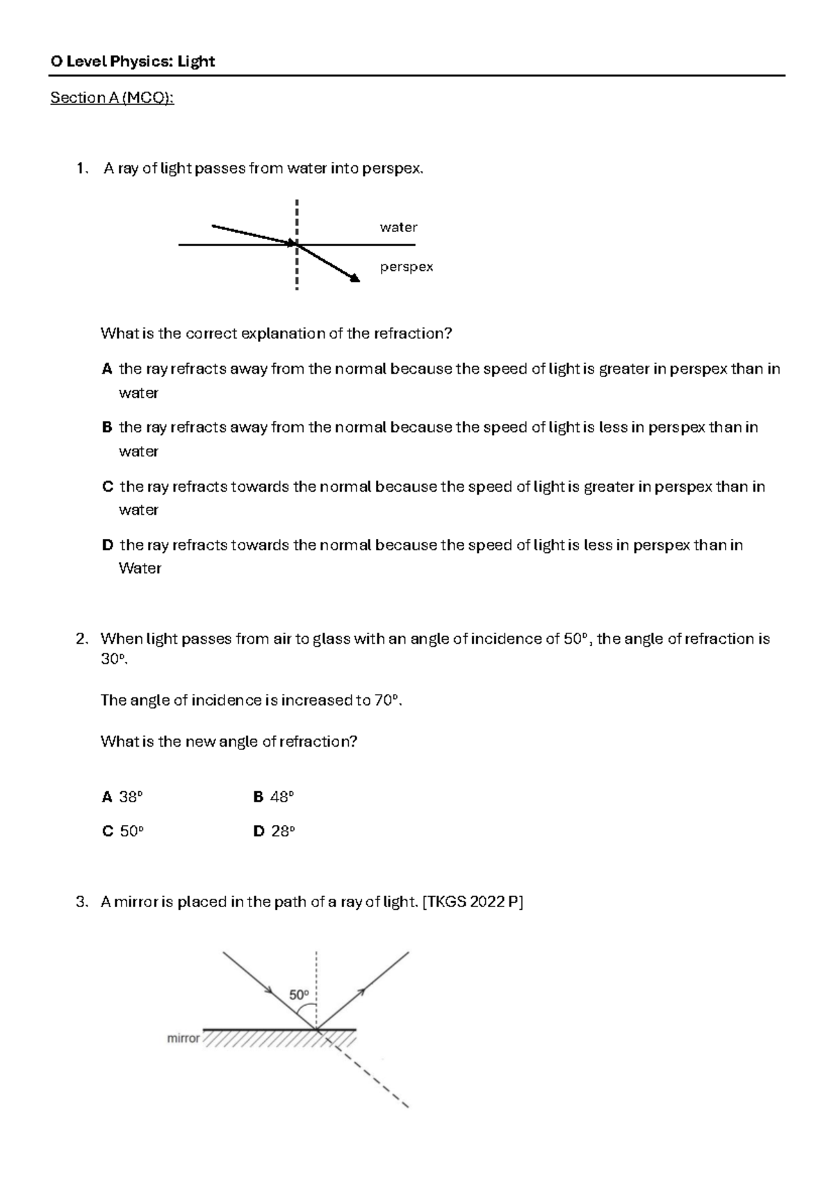 O Level Physics: Light WS - Self Collated Questions on Refraction - Studocu