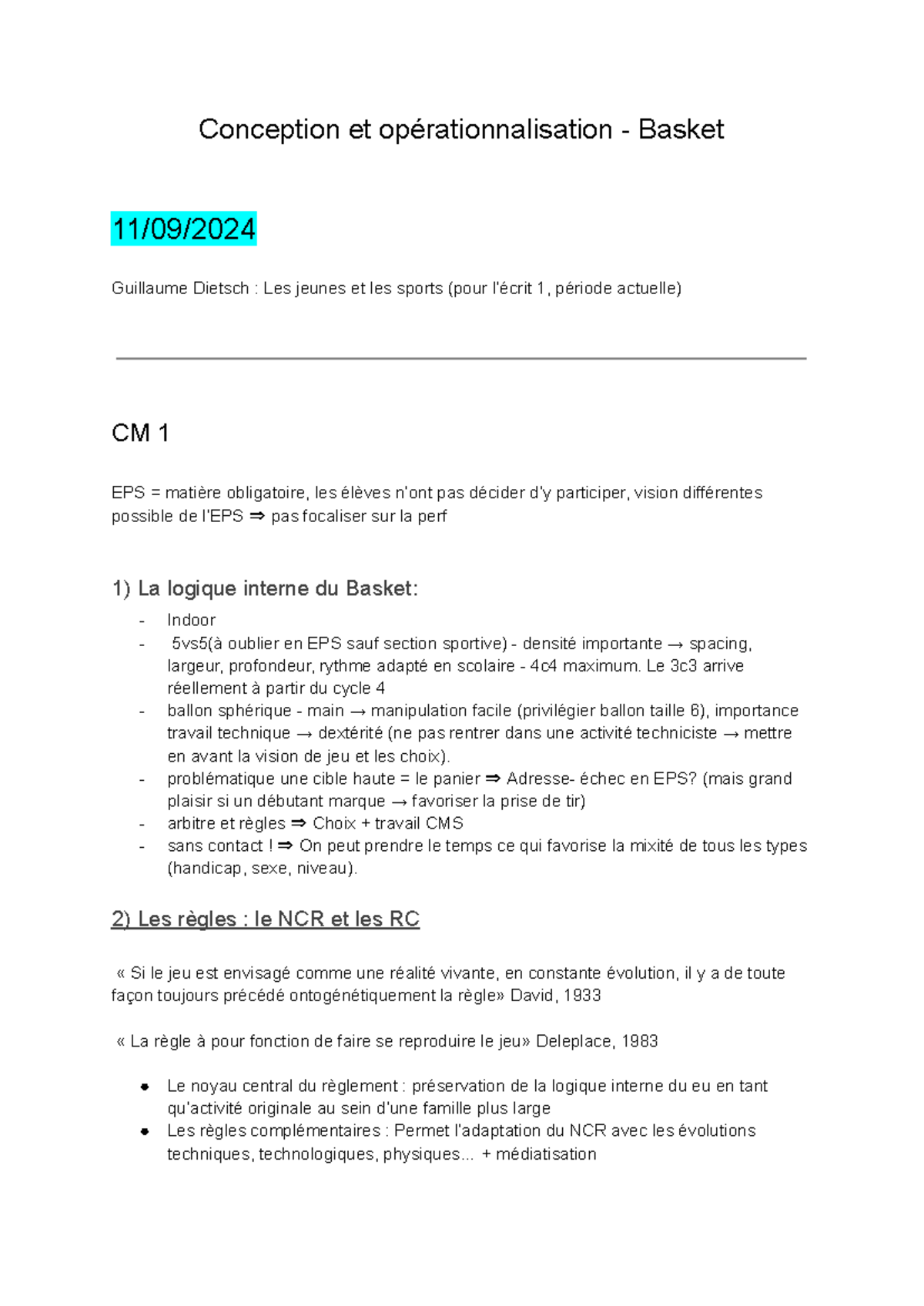 Étude sur l'éducation physique et le Basket (EPS) - CM 1 - Studocu