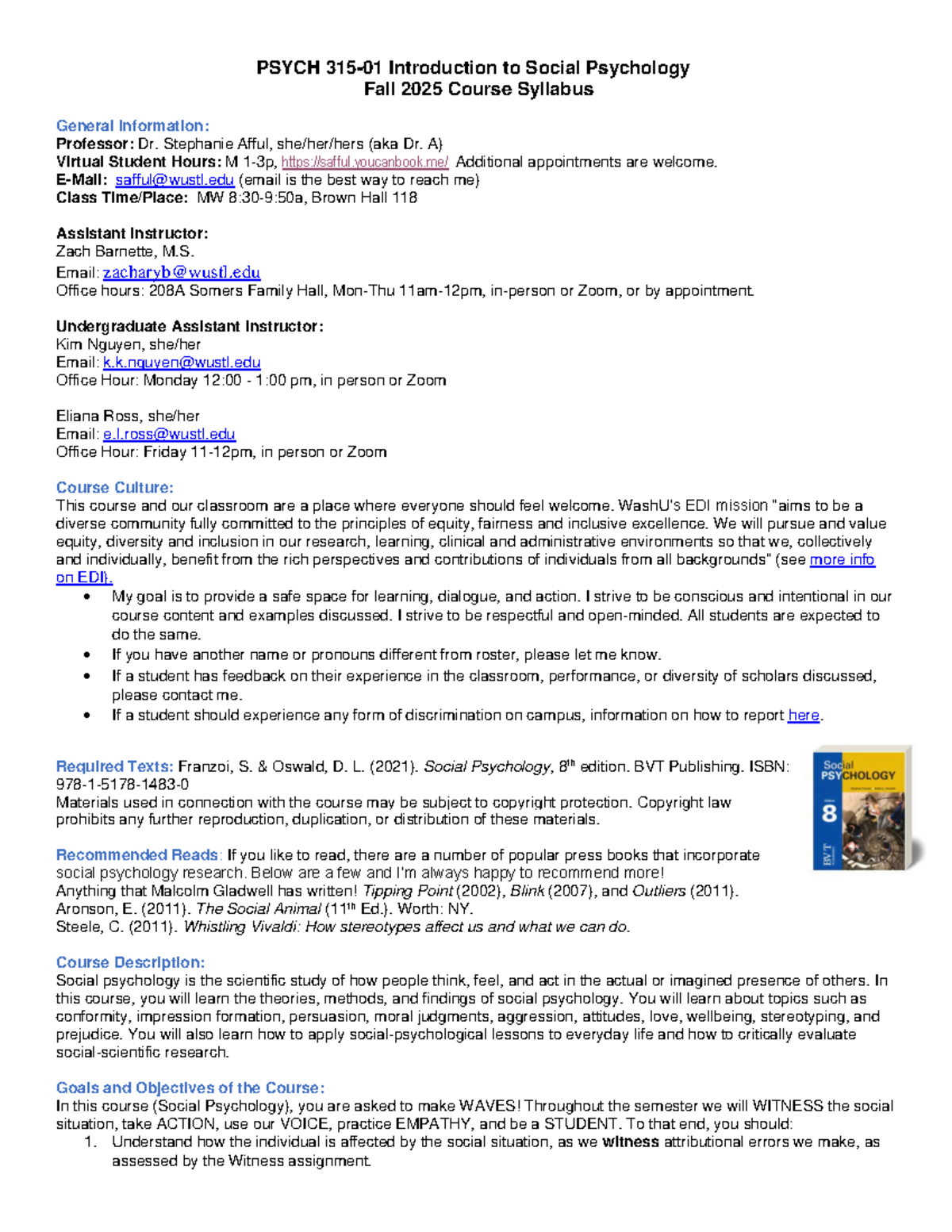 PSY 315-01 Fall 2025: Introduction to Social Psychology Syllabus - Studocu