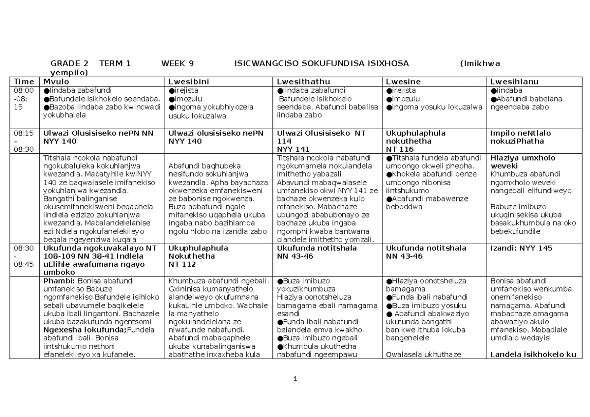 Xhosa Lesson Plan Term 1 Week 8 - Grade 2 - Studocu
