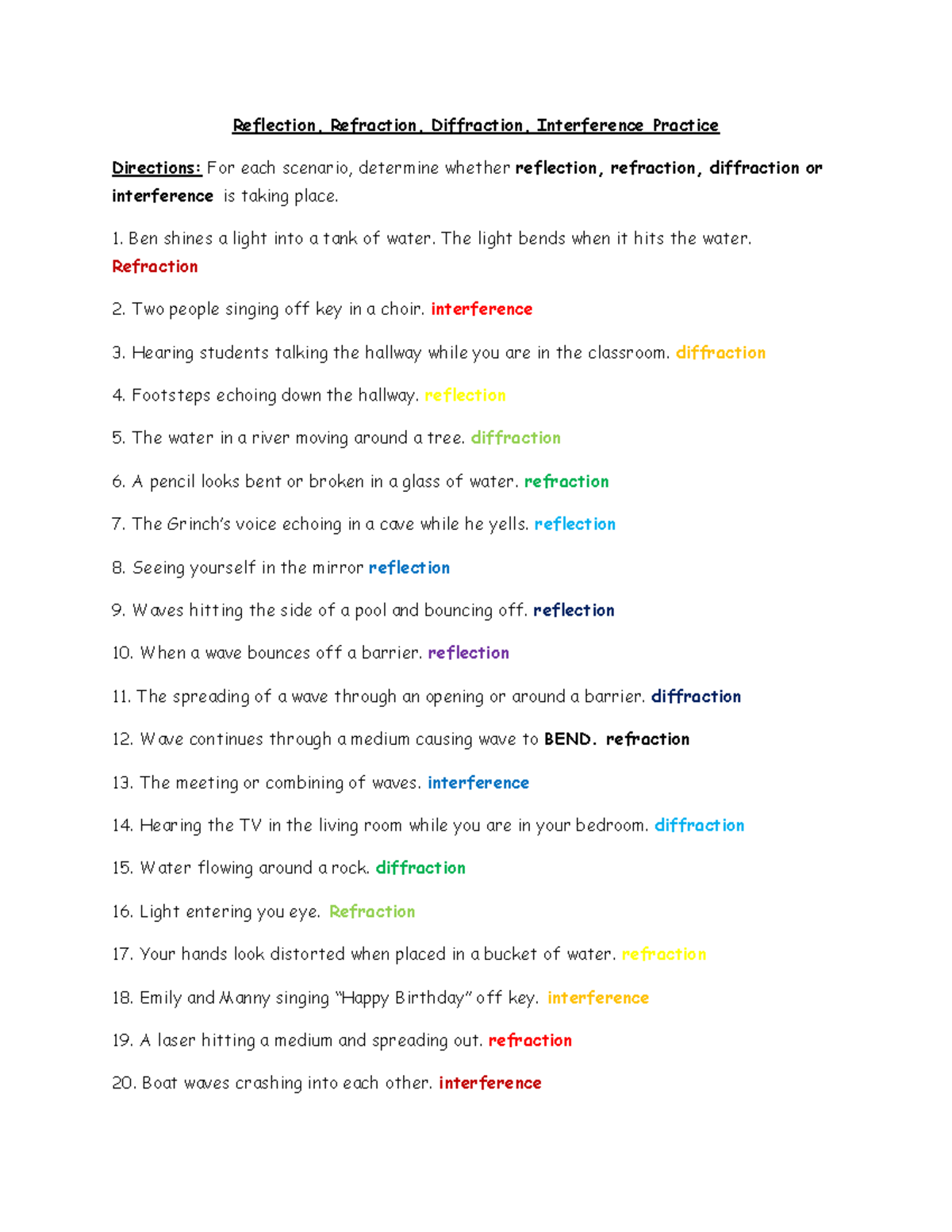 Reflection, Refraction, Diffraction & Interference Practice-1 - Studocu