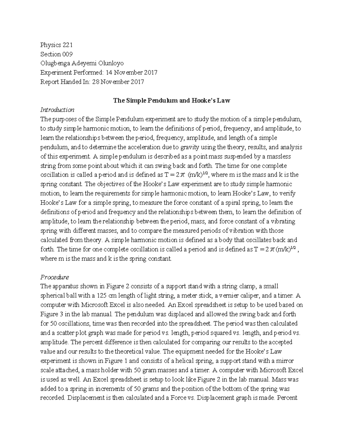 Physics 221: Simple Pendulum and Hooke's Law Experiment Report - Studocu