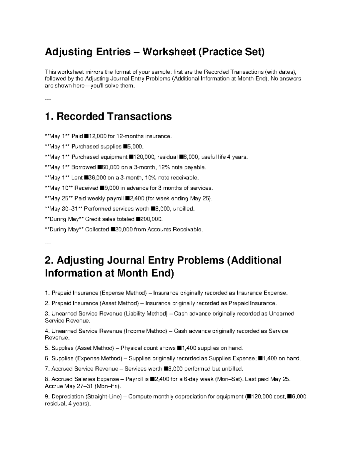 FOA AJE Practice Set: Adjusting Entries Worksheet - Studocu