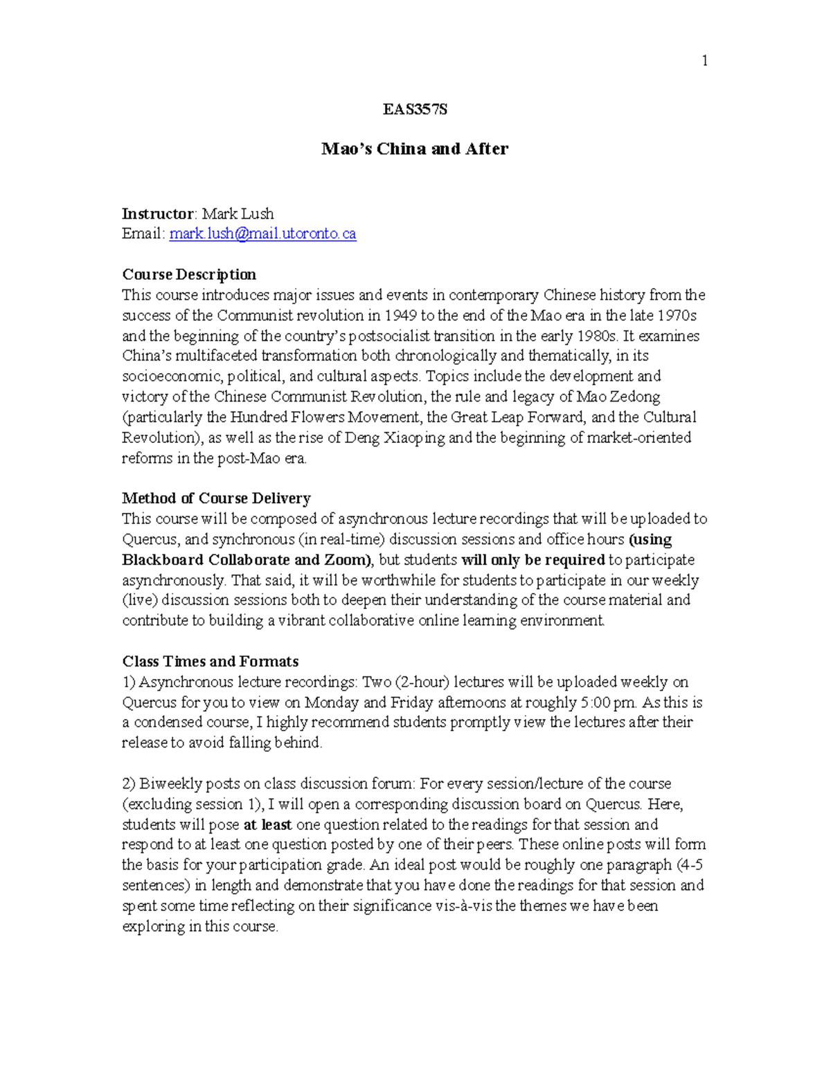 EAS357 Mao's China and After Course Syllabus and Overview - Studocu