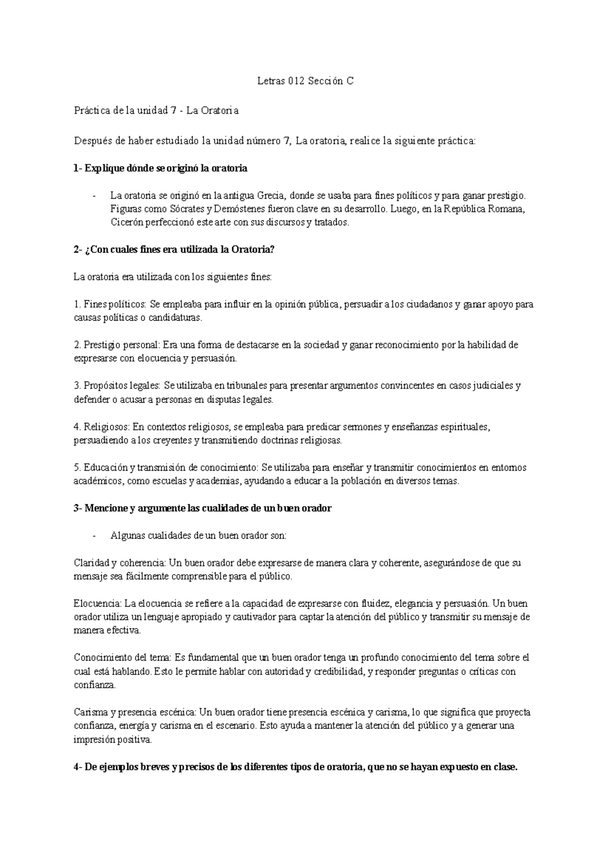 Letras 012 Práctica Unidad 7: La Oratoria y sus Cualidades - Studocu