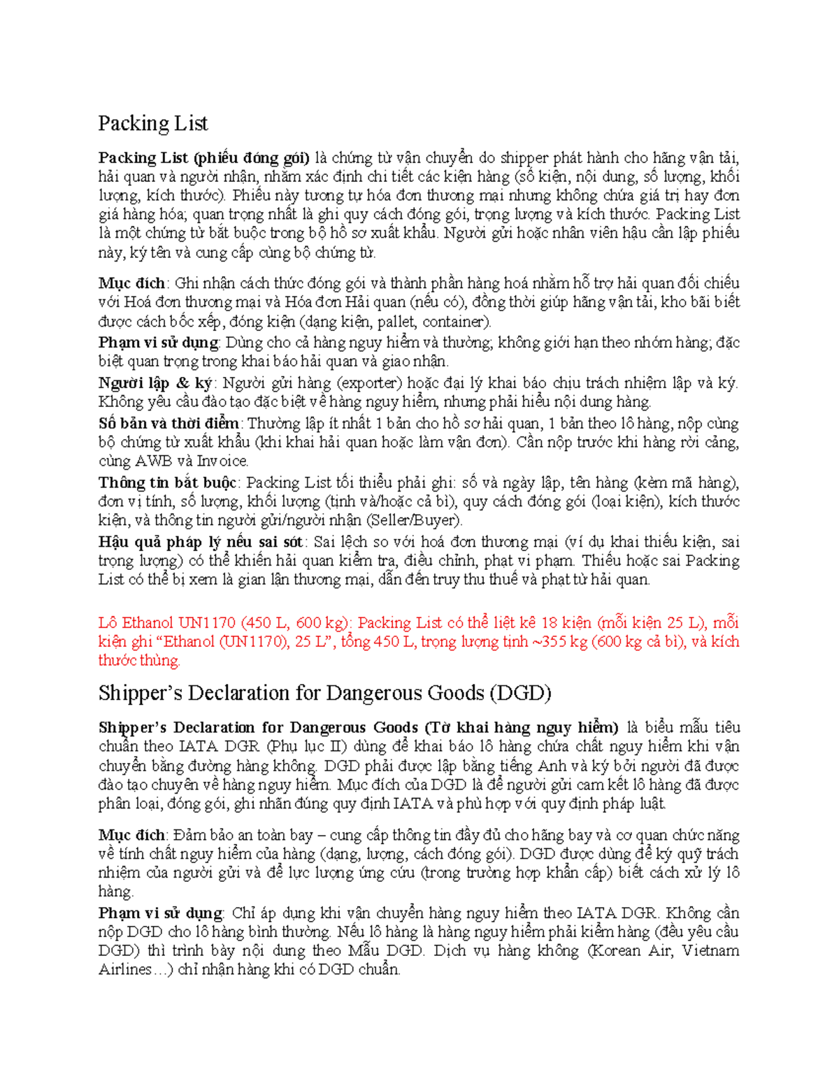 Packing List & Shipper’s Declaration for Dangerous Goods (DGD) - Studocu