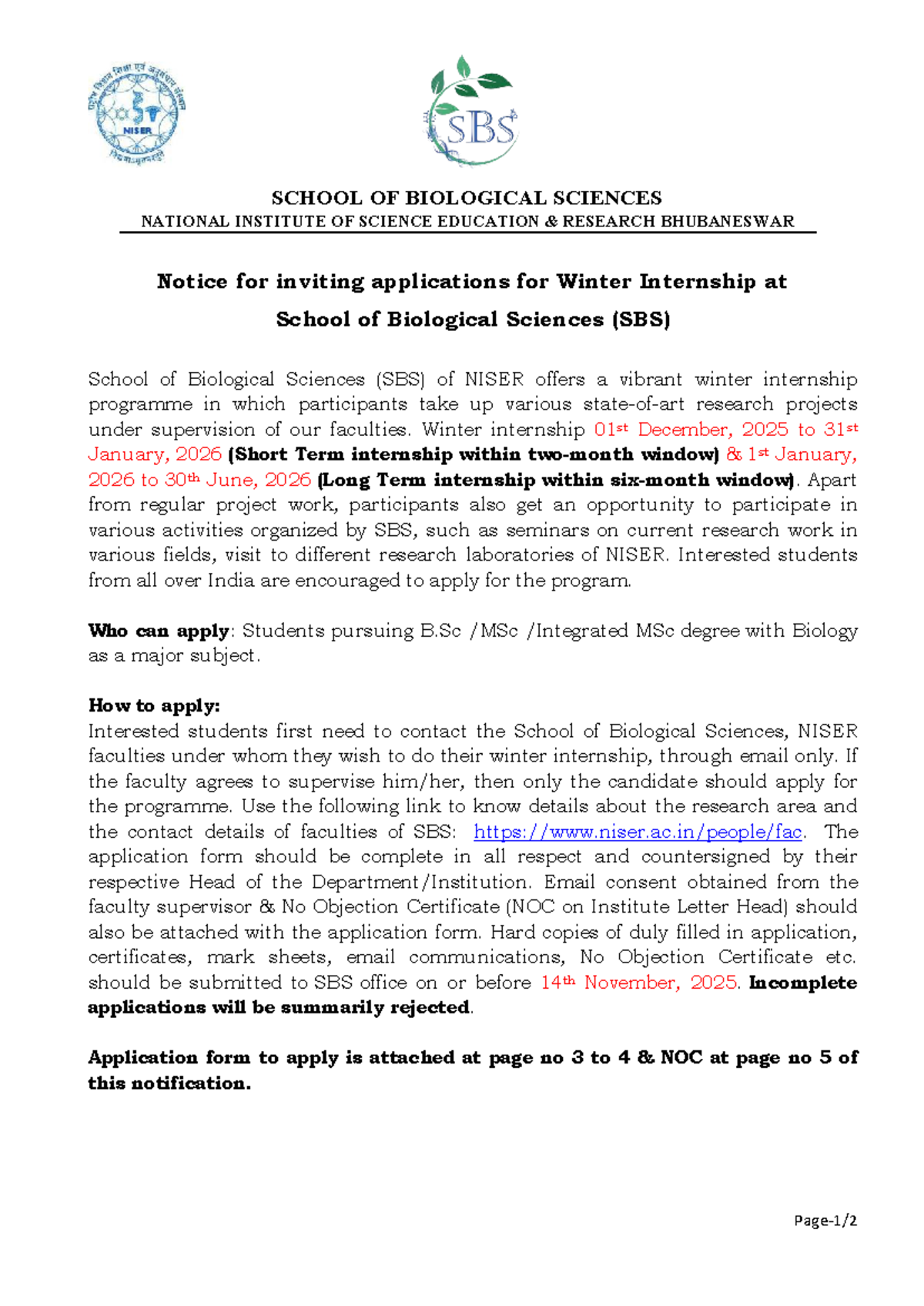 Winter Internship 2025 at SBS, NISER: Application Notice - Studocu