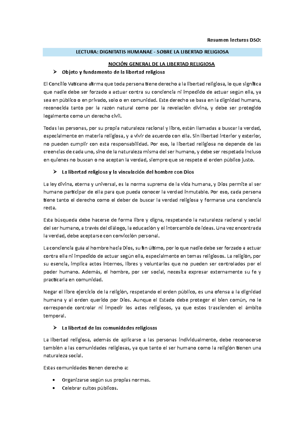 Resumen de Lecturas DSO: Dignitatis Humanae y Libertad Religiosa - Studocu