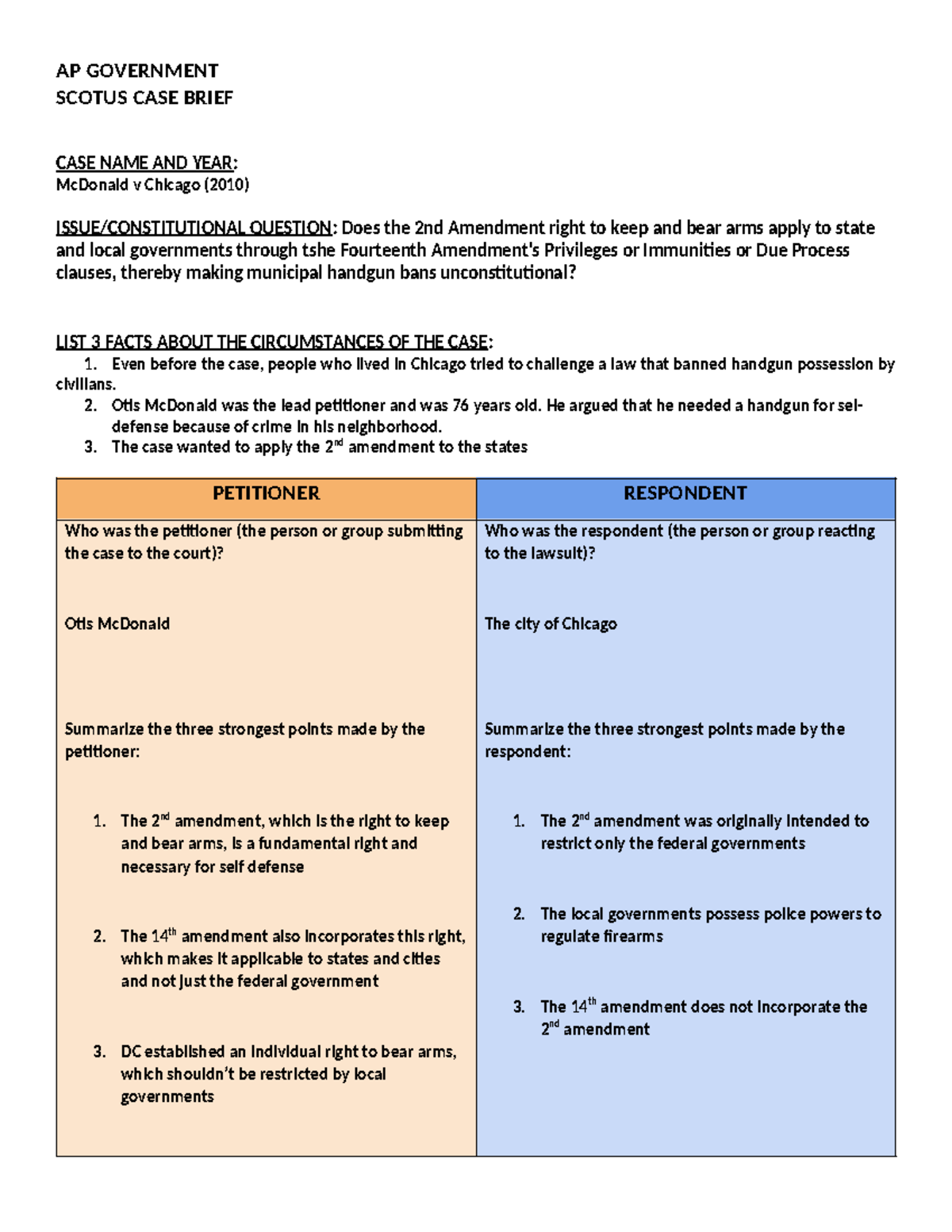 AP GOV SCOTUS CASE BRIEF: McDonald v. Chicago (2010) Analysis - Studocu
