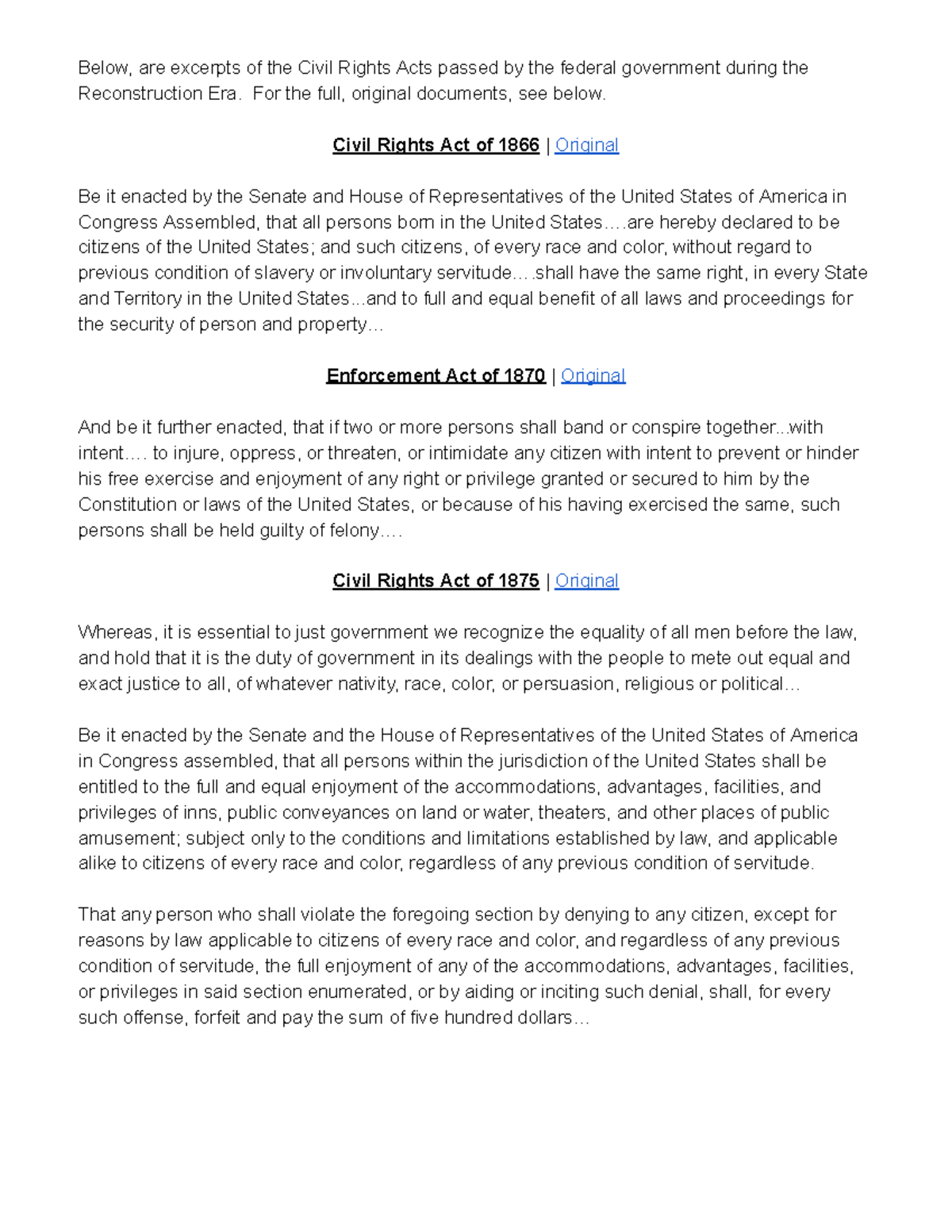 Civil Rights Acts of the Reconstruction Era: Key Excerpts - Studocu