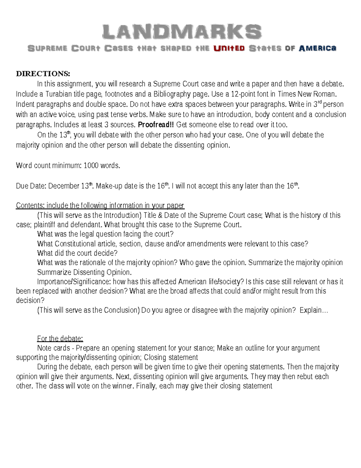 Honors Supreme Court Cases Assignment - DIRECTIONS: In this assignment ...