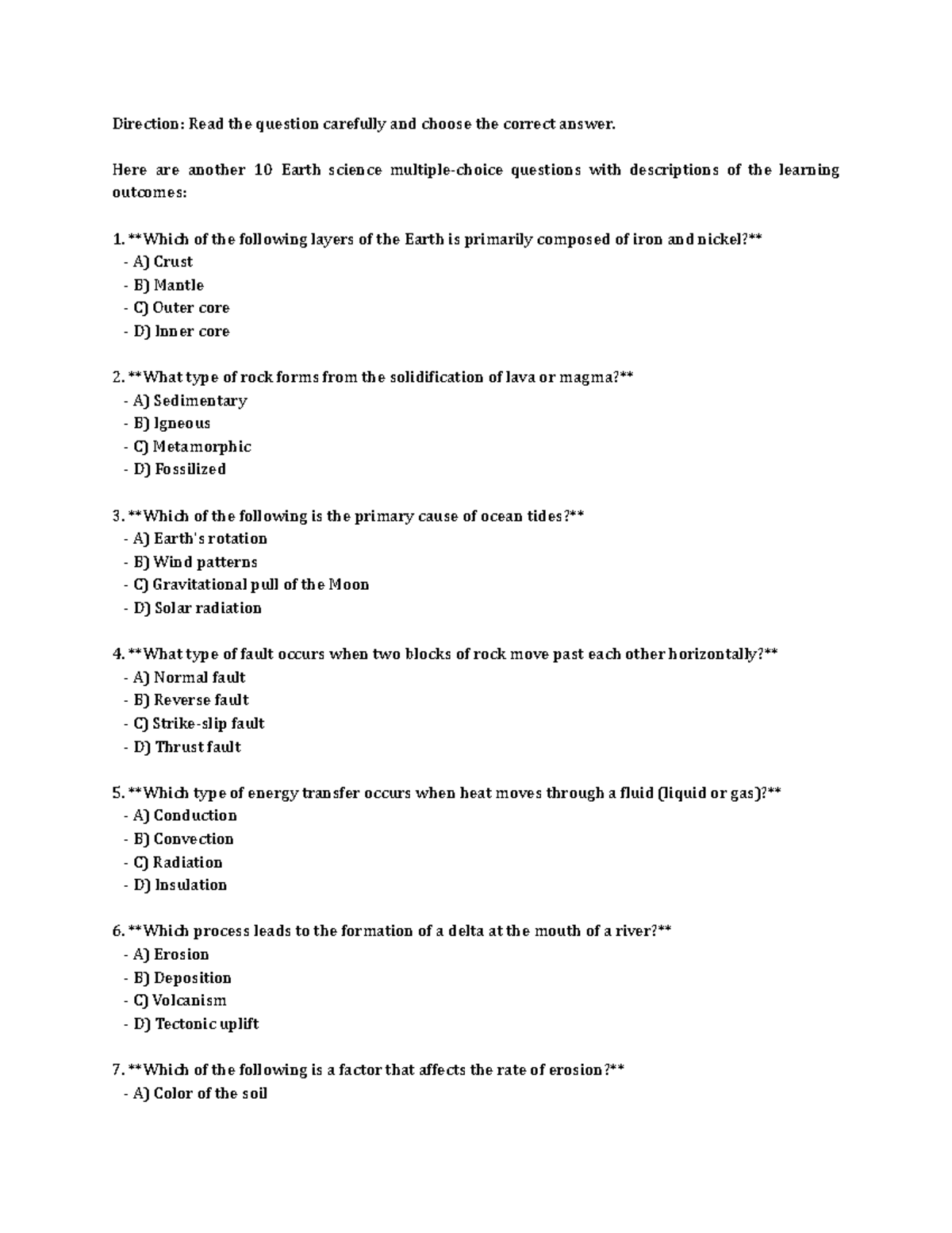 EE69 - Earth Science Quiz: Understanding Earth's Processes and Cycles ...