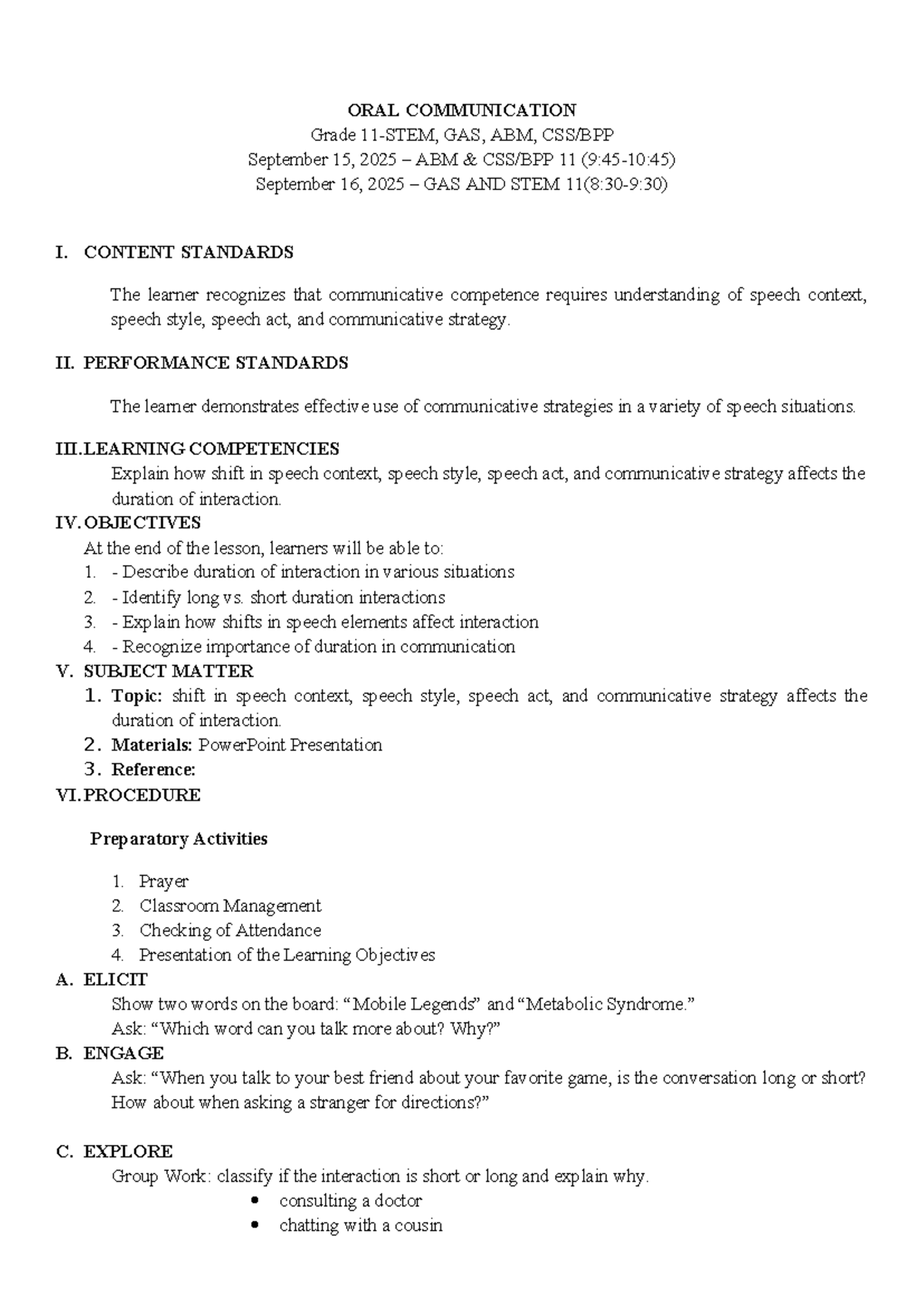 ABM 11 Oral Communication Lesson Plan: Duration of Interaction - Studocu