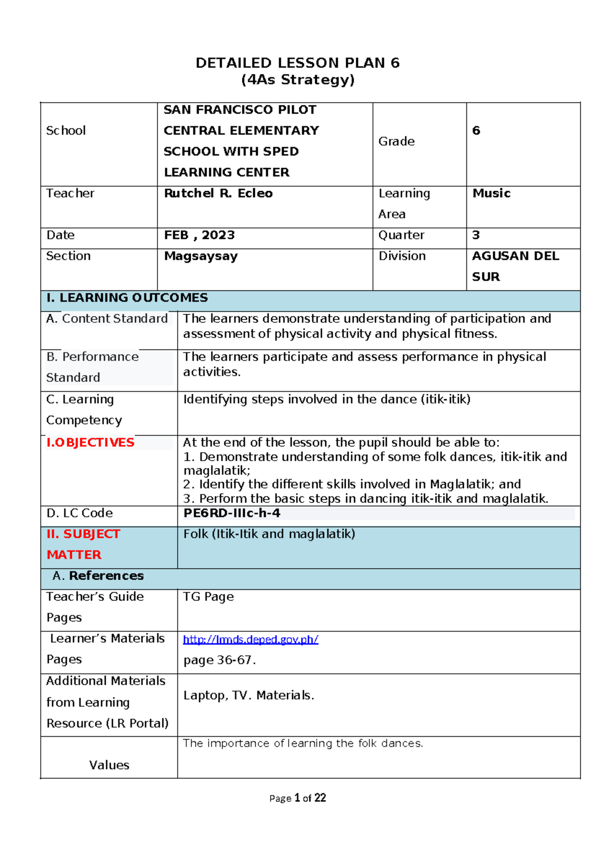 DLP PE6 Itik-Itik and Maglalatik Dance Lesson Plan - Studocu